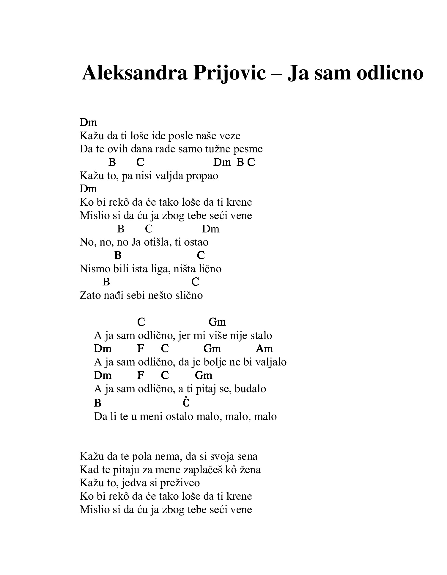 Aleksandra Prijovic - Ja sam odlicno | Akordi za gitaru